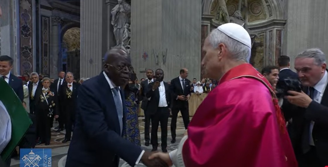 President Tinubu in warm handshake with Pope Leo XIV after inauguration ...